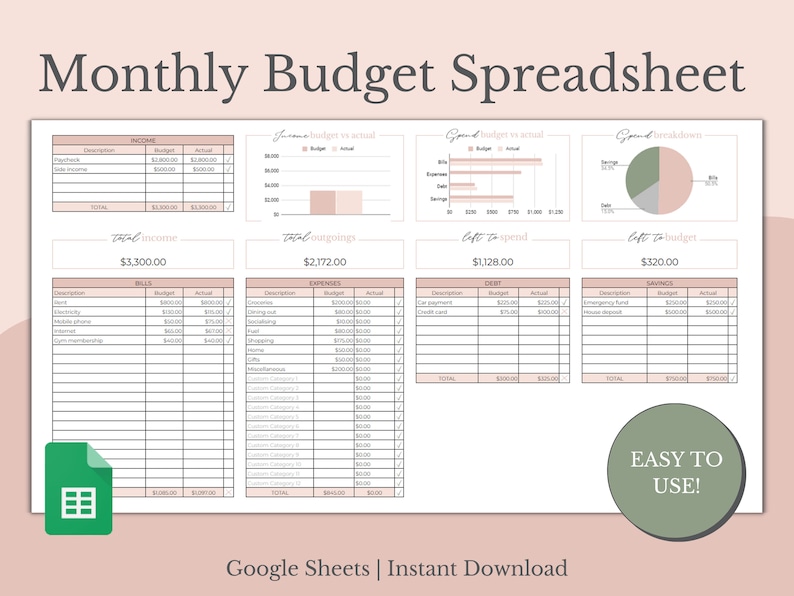 Monthly Budget Spreadsheet Google Sheets Template, Budget Planner ...
