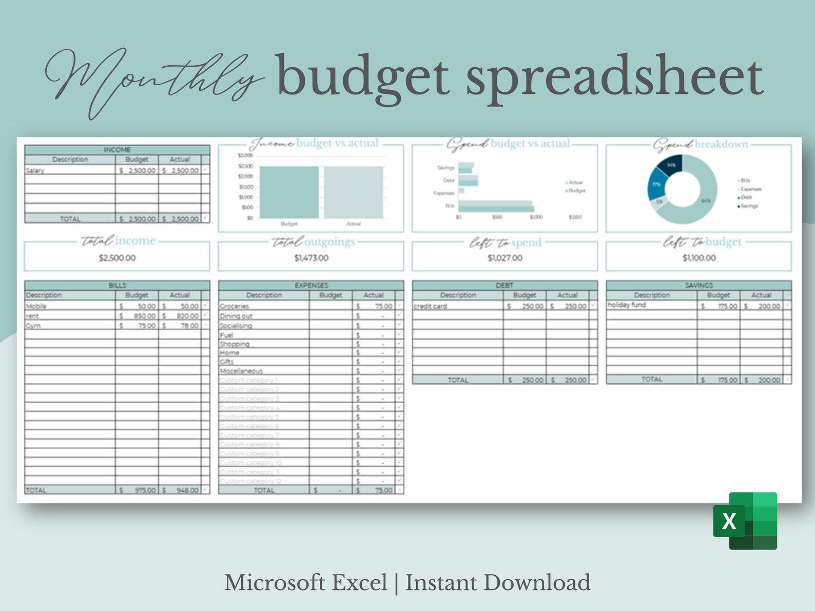 Monthly Budget Spreadsheet Excel Template Budget Planner - Etsy UK