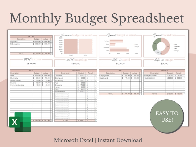 Monthly Budget Spreadsheet Excel Template, Budget Planner, Financial ...