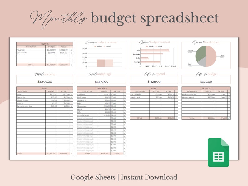 Monthly Budget Spreadsheet Google Sheets Template, Budget Planner ...