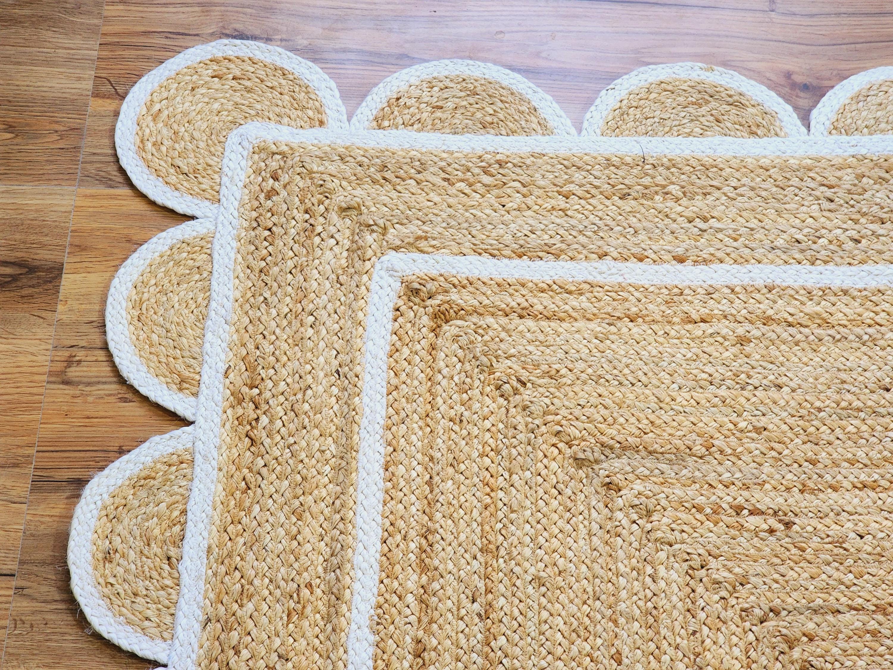 Scalloped Jute Rug, Area Jute Rug, White Scalloped Edge Rug, Custom ...