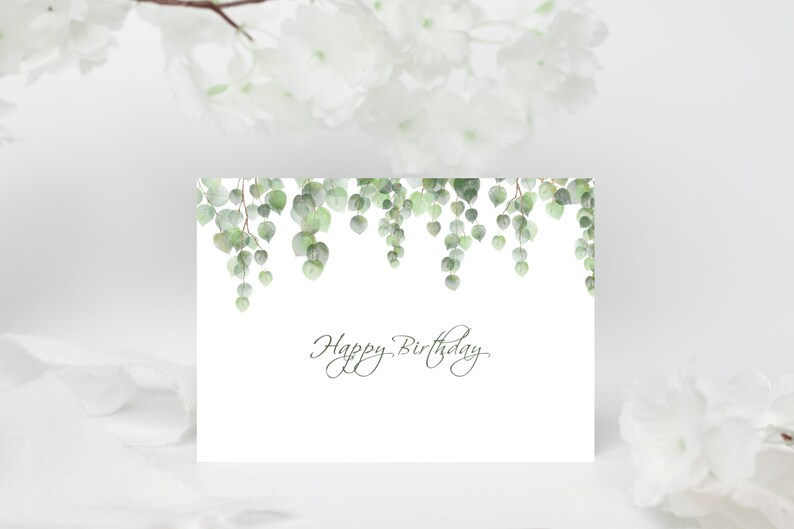 Happy Birthday Card, Green Leaves, Birthday Folded Card, Printable Card ...