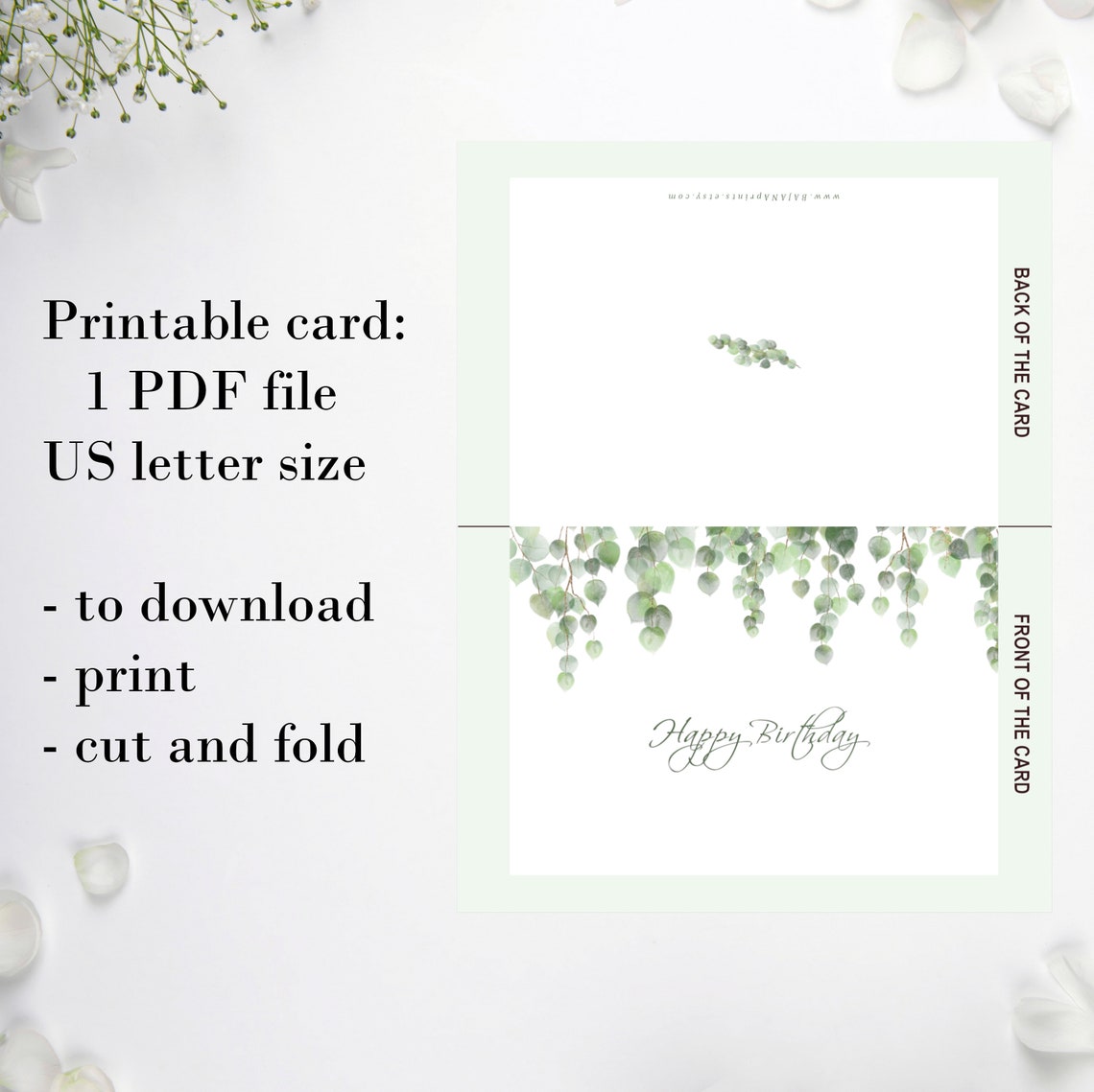 Happy Birthday Card, Green Leaves, Birthday Folded Card, Printable Card ...