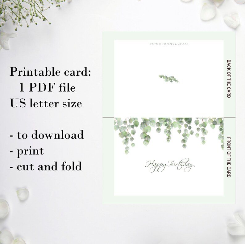 Happy Birthday Card, Green Leaves, Birthday Folded Card, Printable Card ...