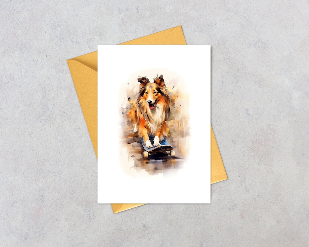 Rough Collie Dog Card Funny Dogs Cards, Dog on a Skateboard, Gift for ...