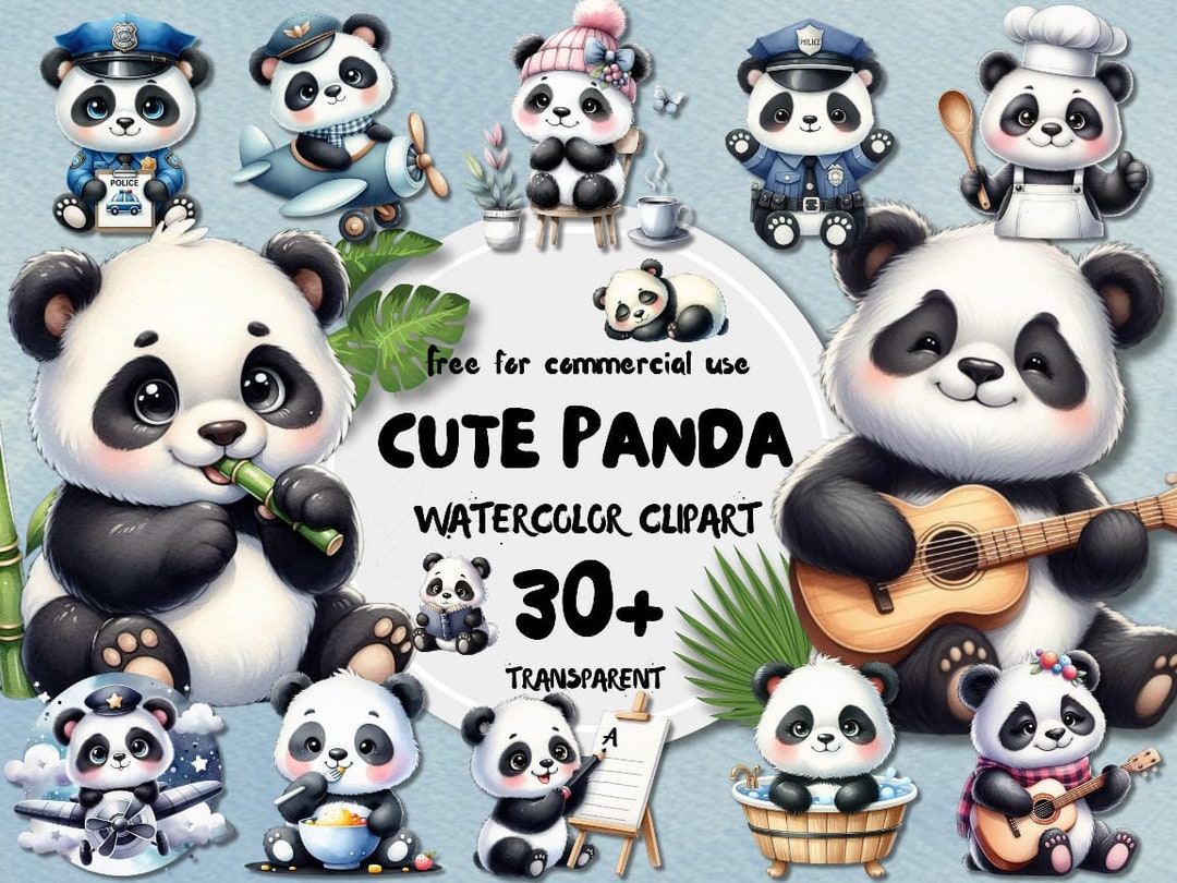 Cute Panda Clipart Bundle, Watercolor Panda PNG, Panda Graphics, Baby ...