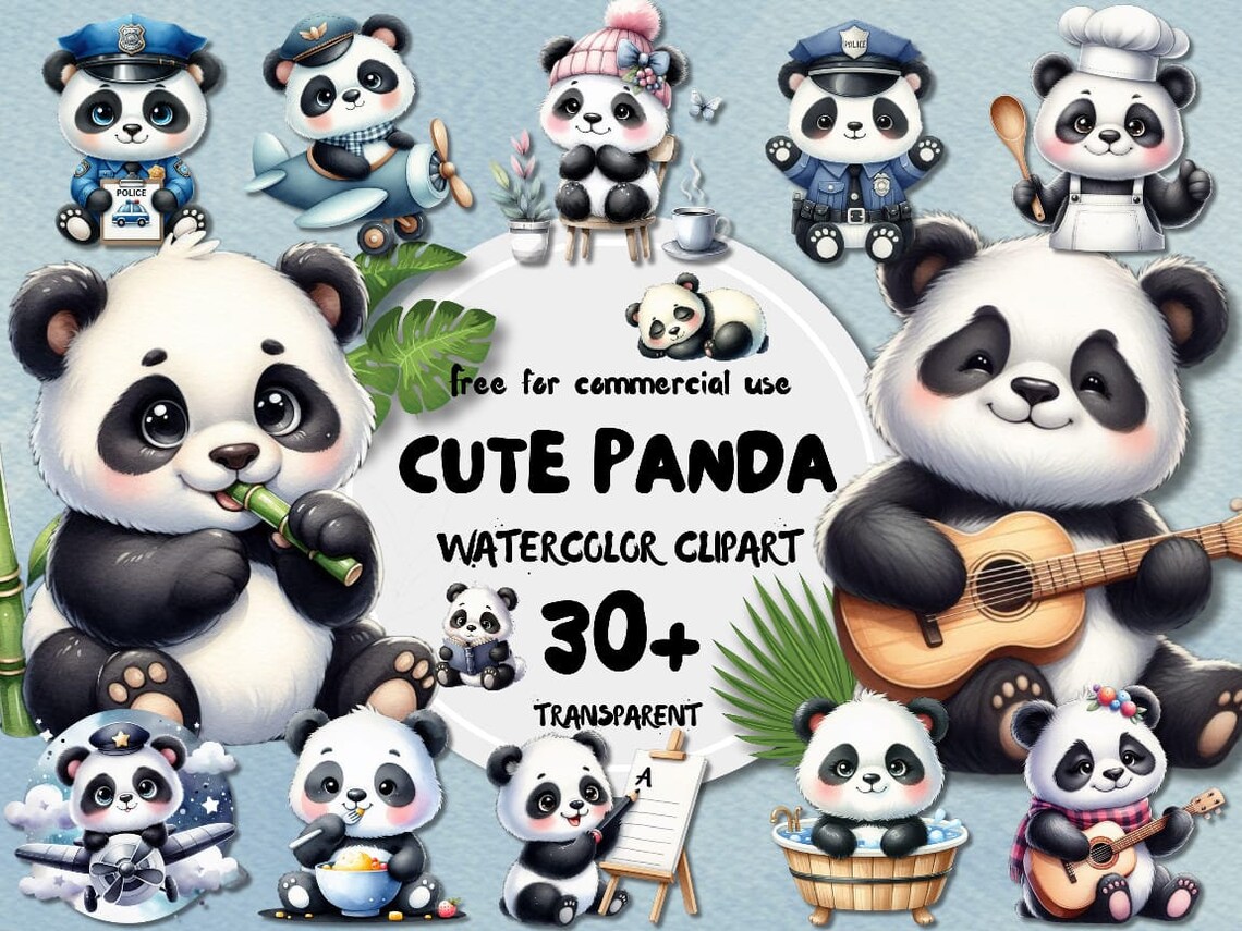 Cute Panda Clipart Bundle, Watercolor Panda PNG, Panda Graphics, Baby ...