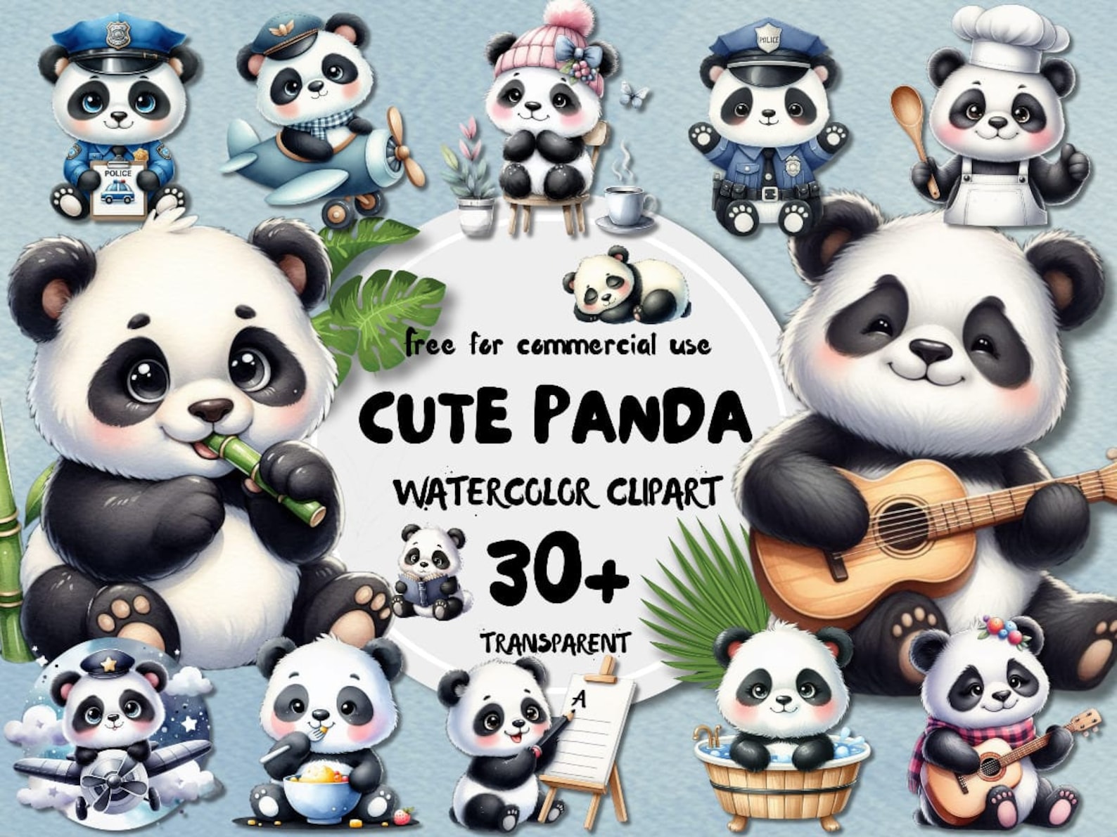 Cute Panda Clipart Bundle, Watercolor Panda PNG, Panda Graphics, Baby ...