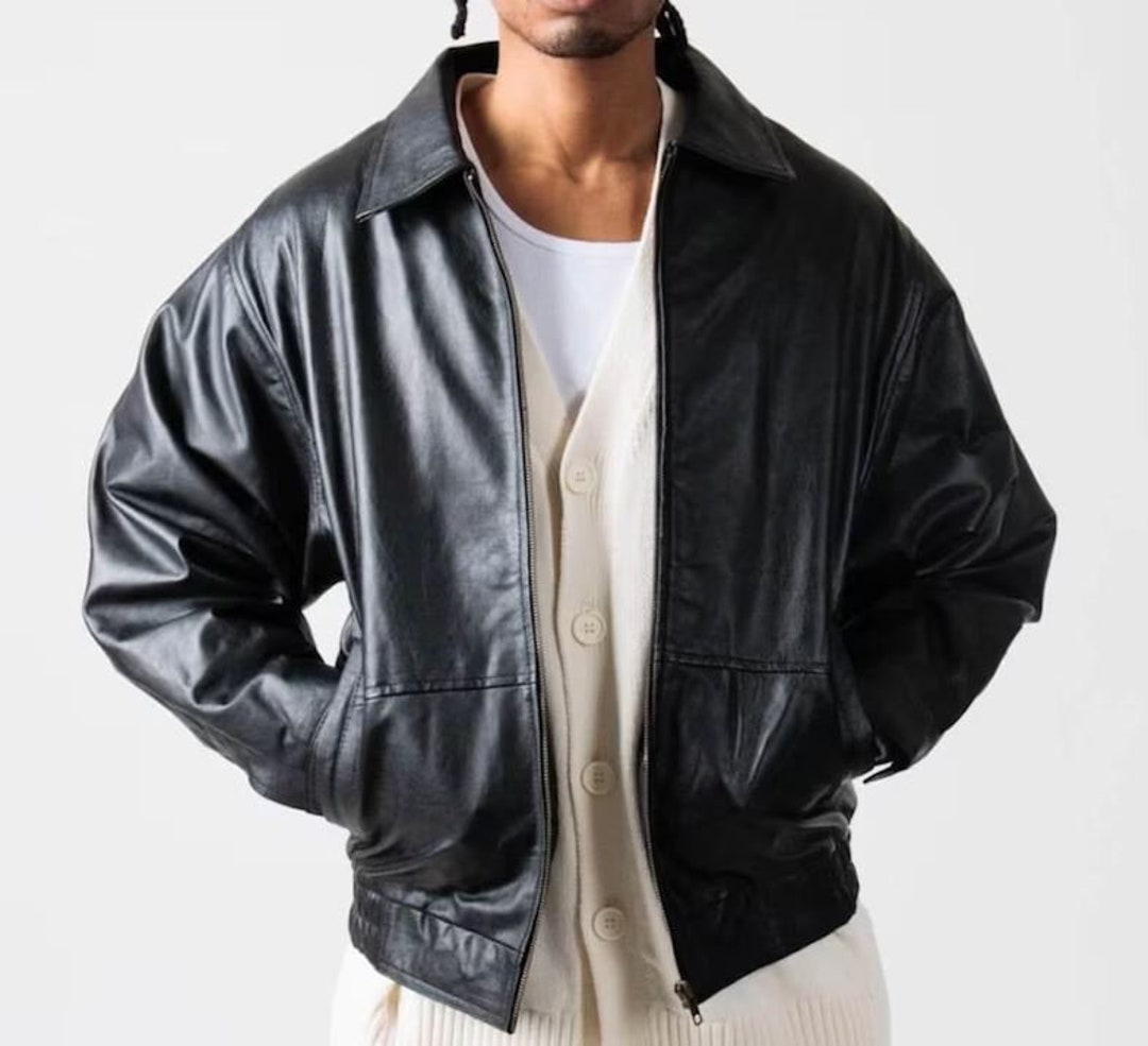 90s Oversized Men's Leather Bomber Jacket, Handmade Black Leather ...