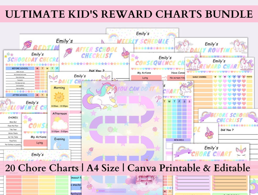 Unicorn Ultimate Kids Reward Charts Bundle | 20 Canva Editable ...