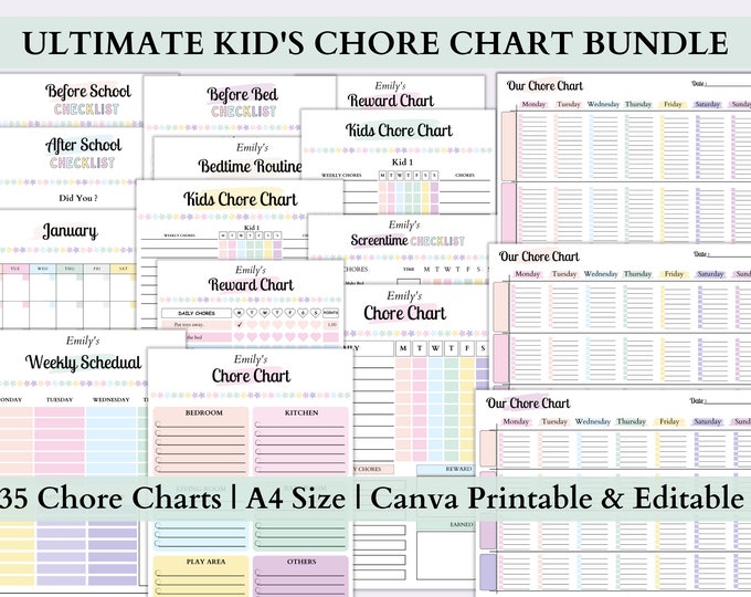 Chore Charts for Kids Editable Responsibility Chart School Routine ...