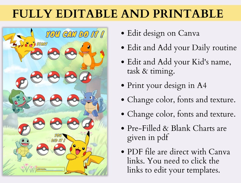 Pokemon Pikachu Ultimate Kids Reward Charts Bundle | 20 Canva Editable ...