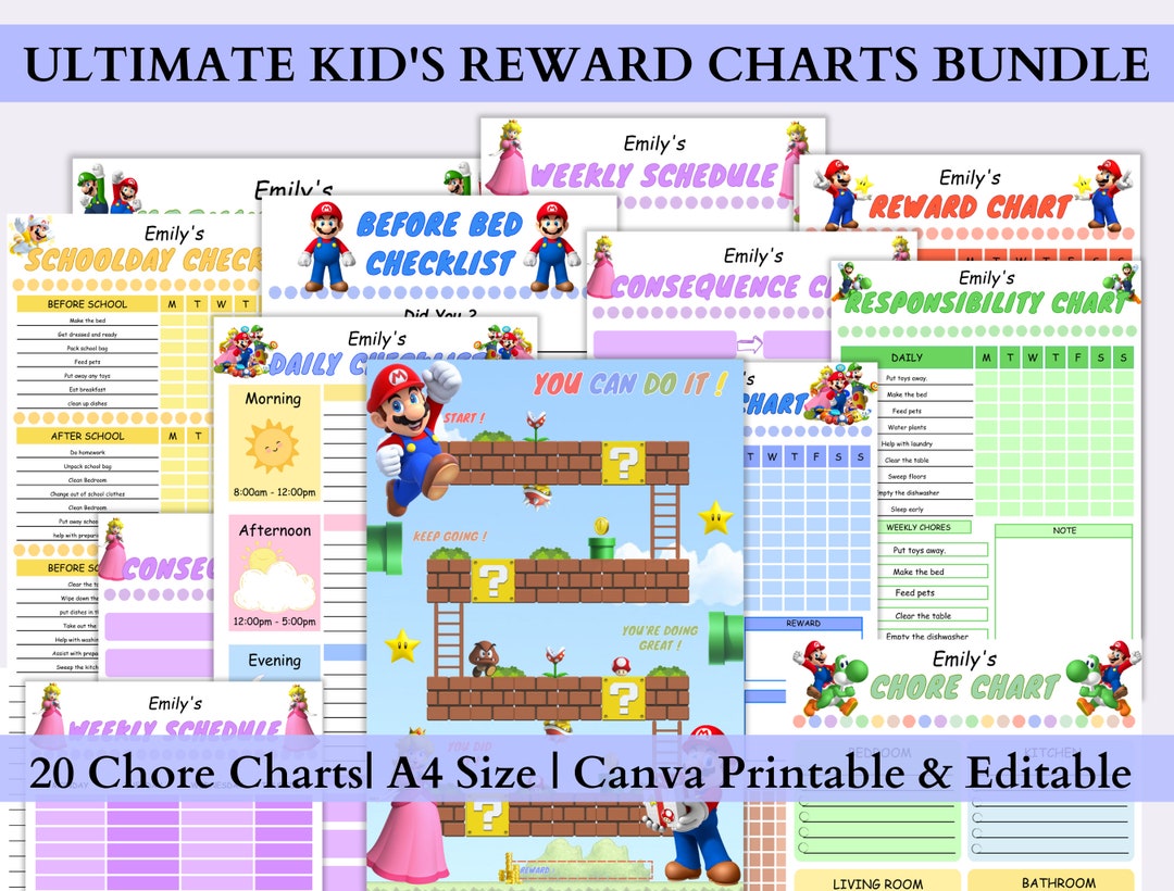 Super Mario Ultimate Kids Reward Charts Bundle |20 Canva Editable ...