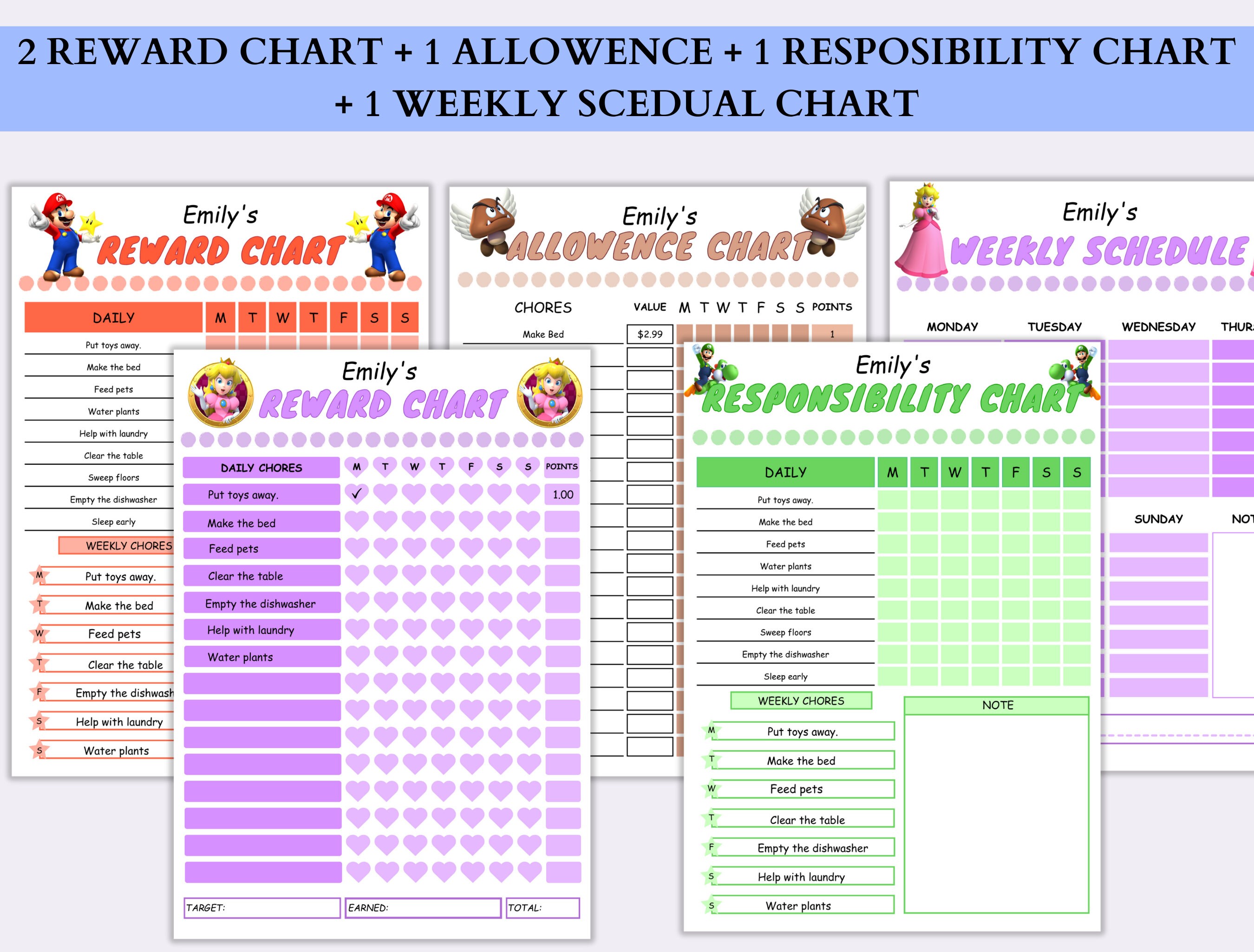 Super Mario Ultimate Kids Reward Charts Bundle 20 Canva Editable ...