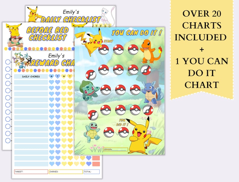 Pokemon Pikachu Ultimate Kids Reward Charts Bundle | 20 Canva Editable ...