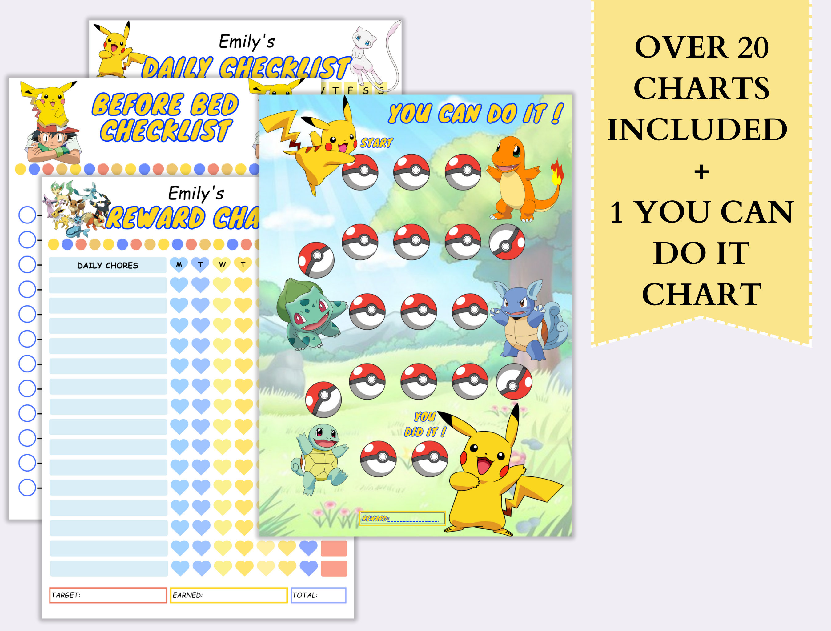 Pokemon Pikachu Ultimate Kids Reward Charts Bundle | 20 Canva Editable ...