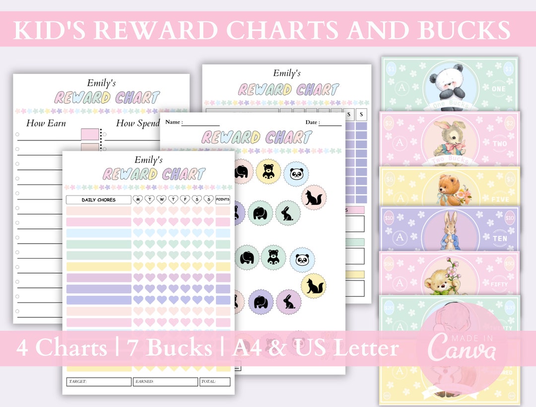 Editable Kids Reward Bucks and Charts Bundle Reward System Play Money ...