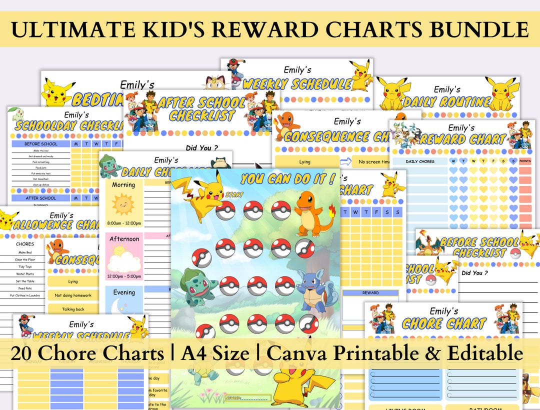 Pokemon Pikachu Ultimate Kids Reward Charts Bundle | 20 Canva Editable ...