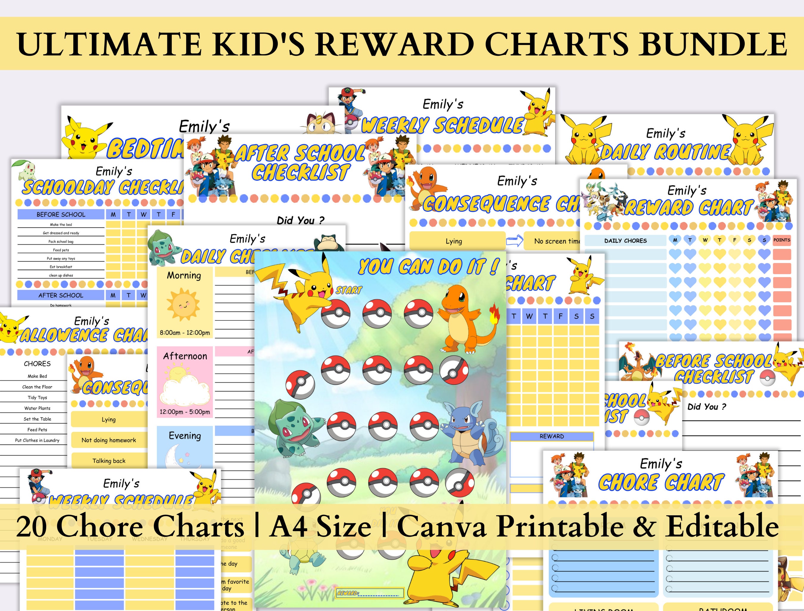 Pokemon Pikachu Ultimate Kids Reward Charts Bundle | 20 Canva Editable ...