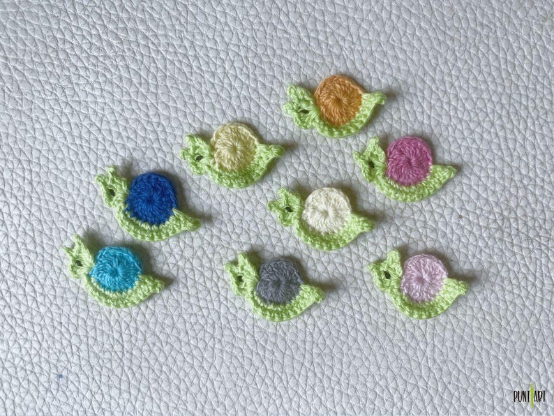 8 Mini Crochet Snail Appliques, Animals, Autumn. Snail Applique, Snail ...