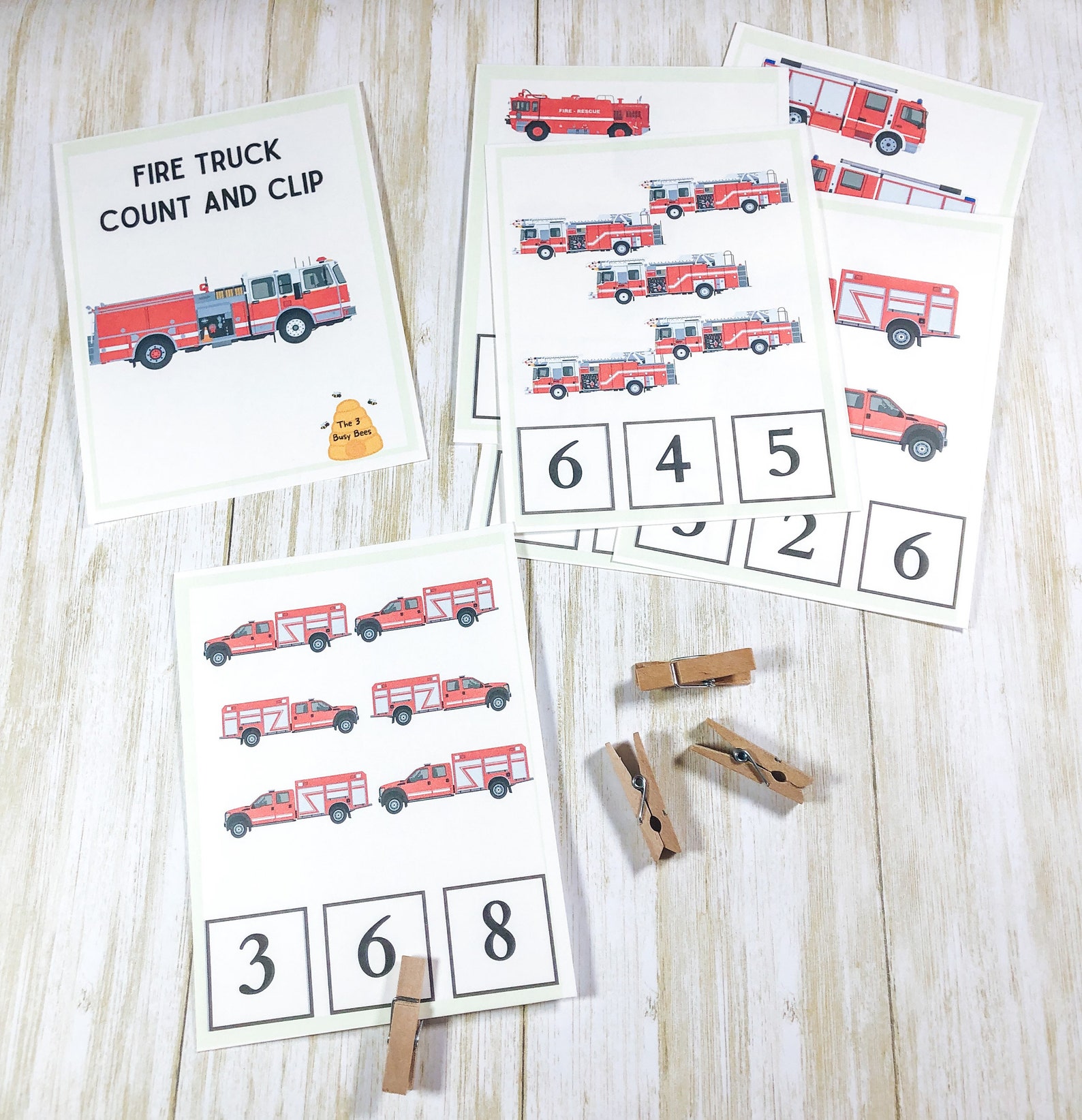 Firetruck Count and Clip Printable Montessori Counting Cards Clip Cards ...