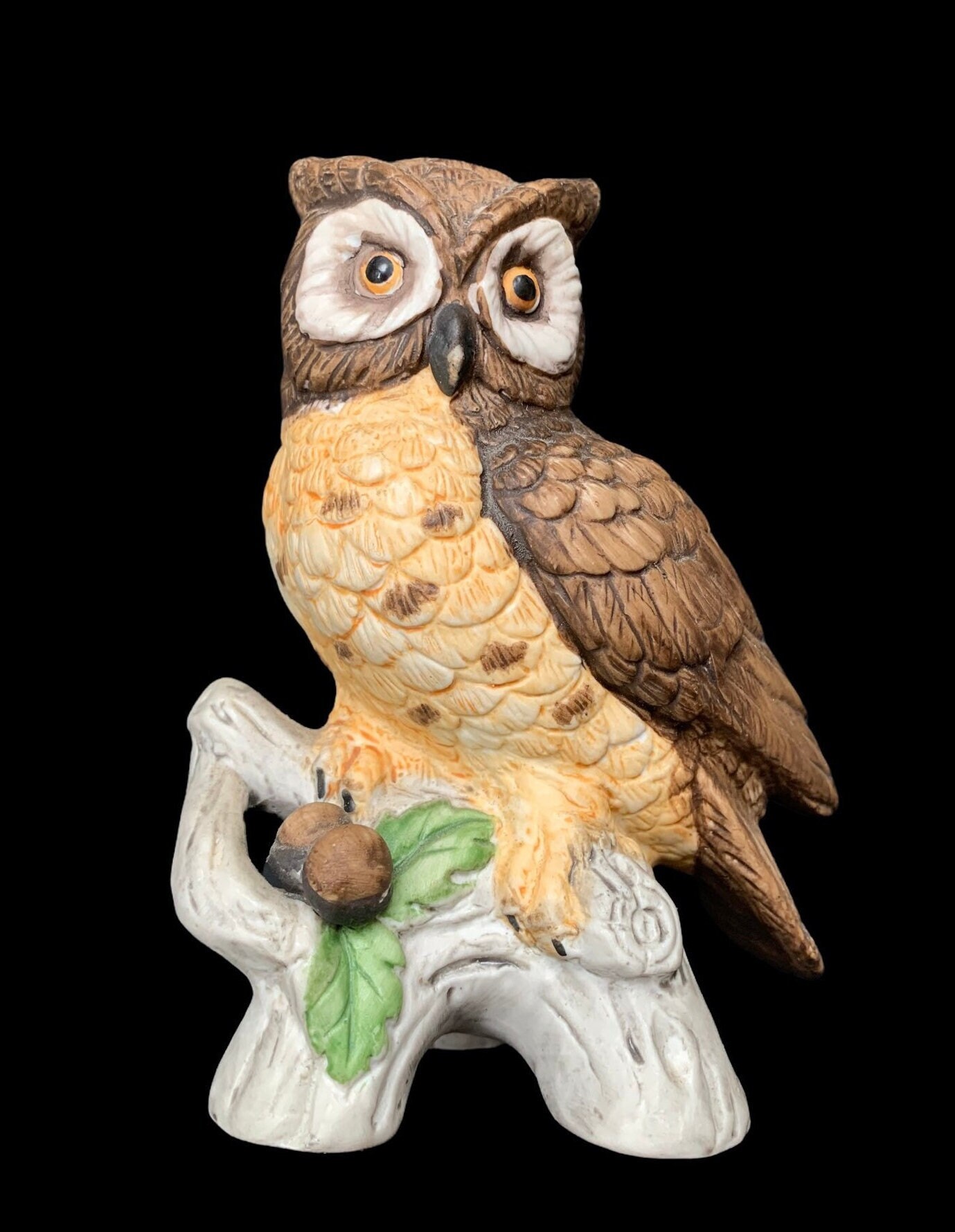Vintage Great Horned Owl Porcelain Figurine on Oak Branch Perfect Gift ...