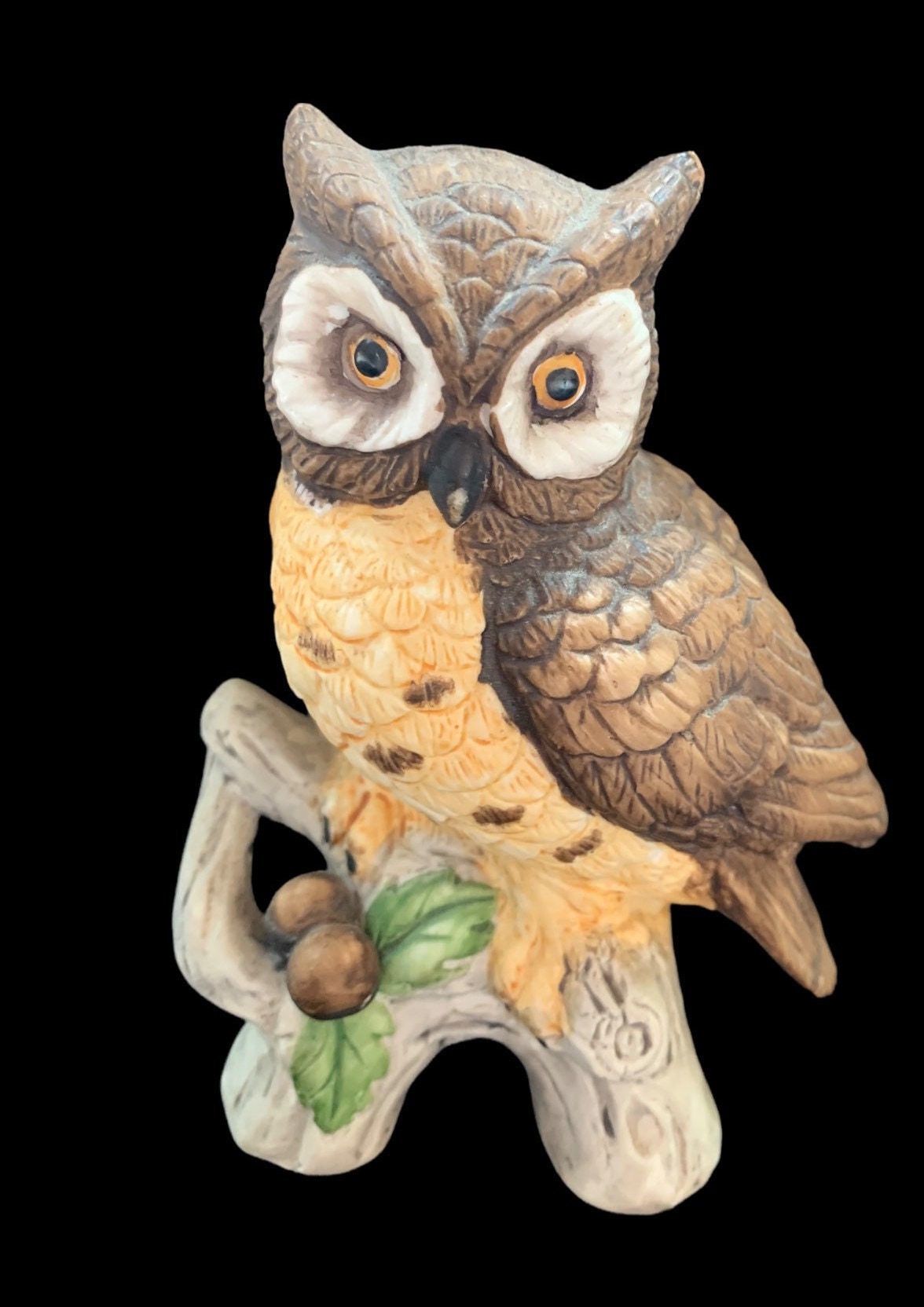 Vintage Great Horned Owl Porcelain Figurine on Oak Branch Perfect Gift ...