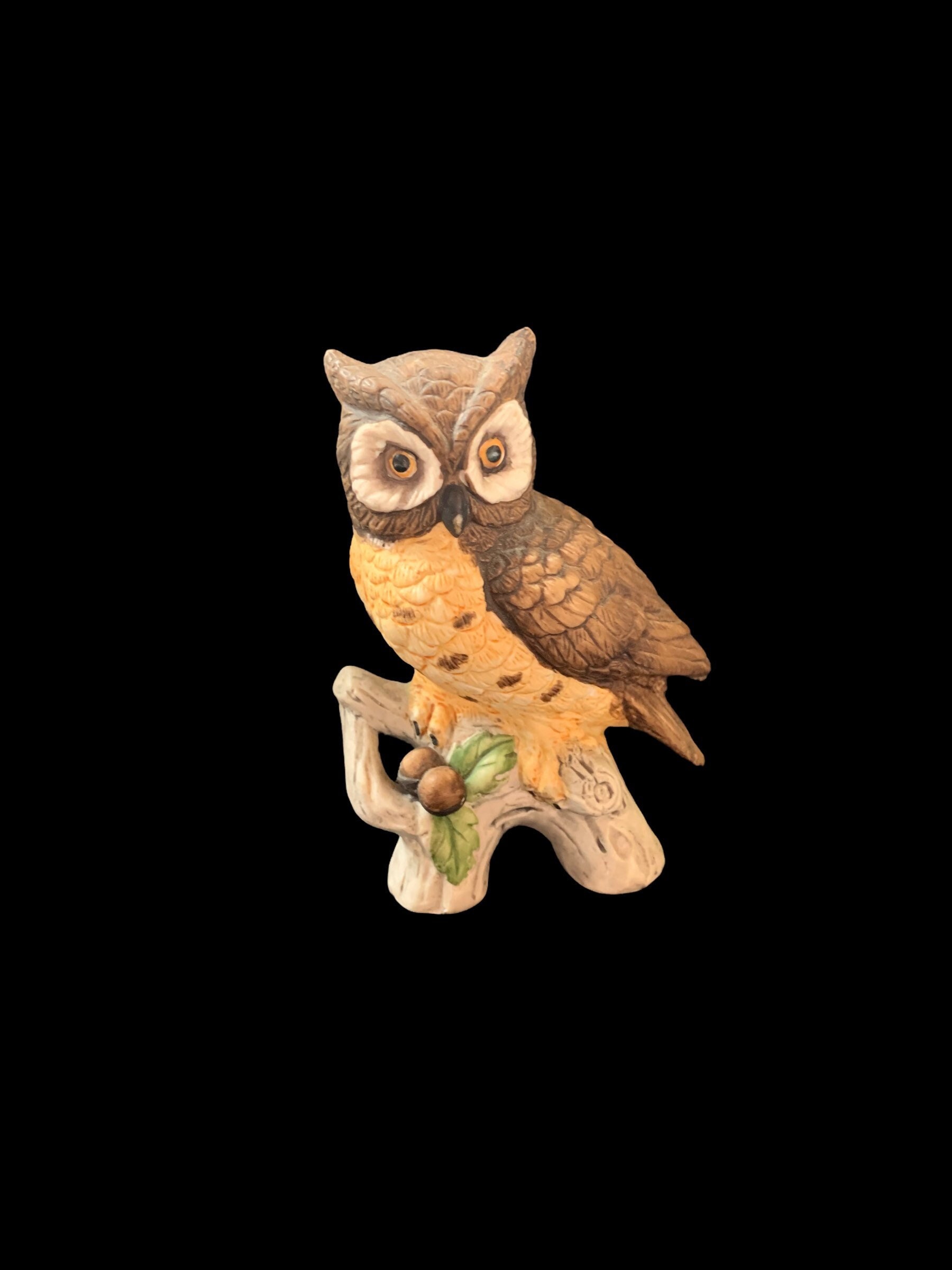 Vintage Great Horned Owl Porcelain Figurine on Oak Branch Perfect Gift ...
