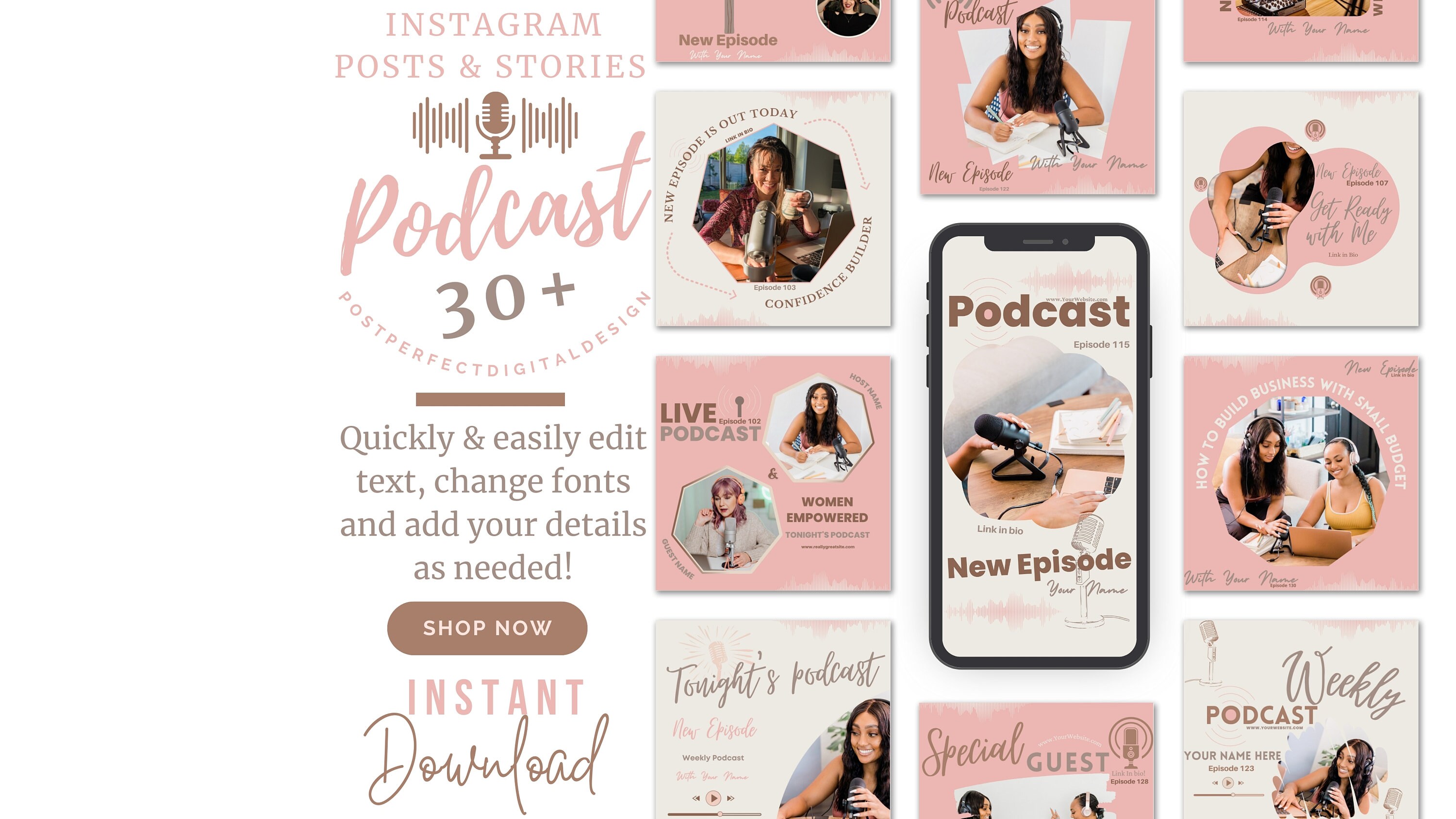 Podcast Post Templates Beige Pink Podcasting Instagram Story Post Canva ...