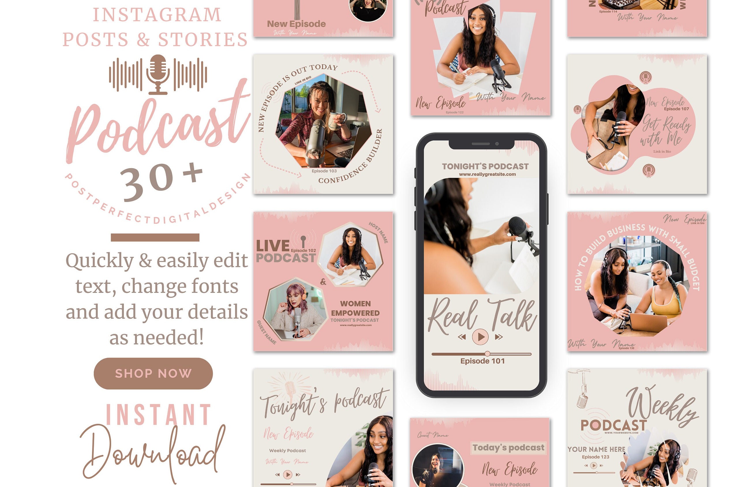 Podcast Post Templates Beige Pink Podcasting Instagram Story Post Canva ...