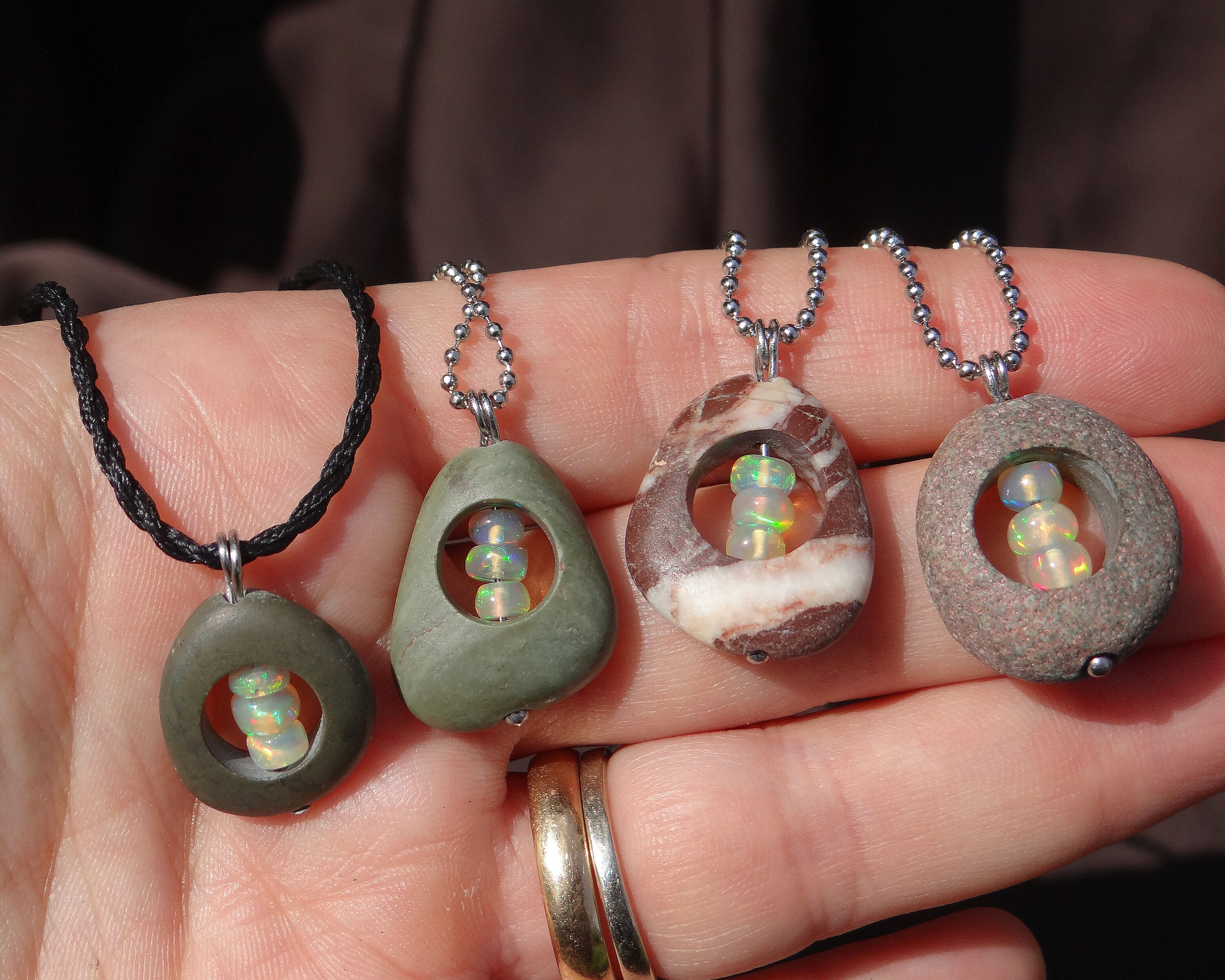 Opal Pendant.beach Stone With White Ethiopian Opal.carved Rock Necklace ...