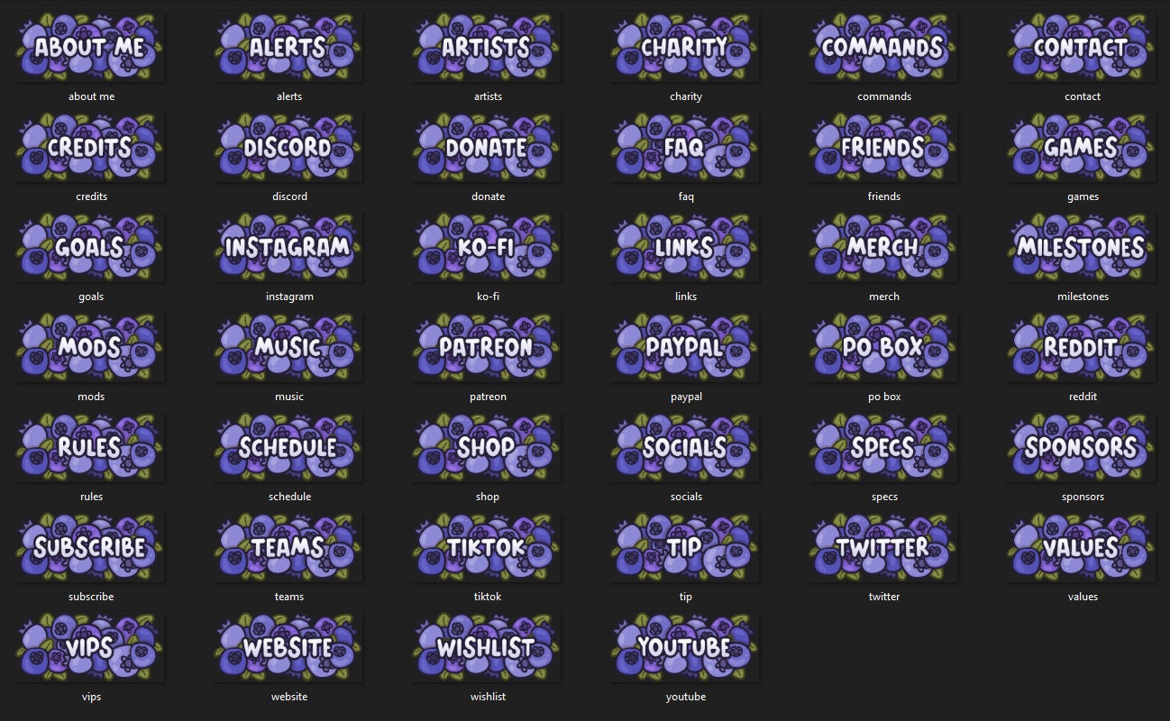 Blueberry Twitch Panel Set X40 | P2U Panels Streaming Spring Summer ...