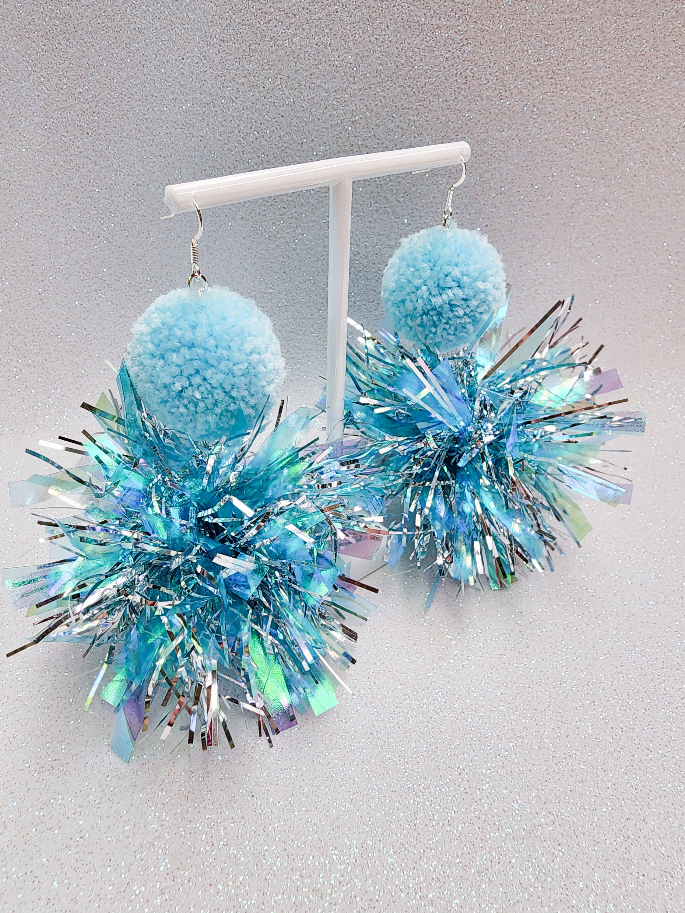 Blue Tinsel & Pom Pom Earrings Sparkly Holographic Tinsel - Etsy