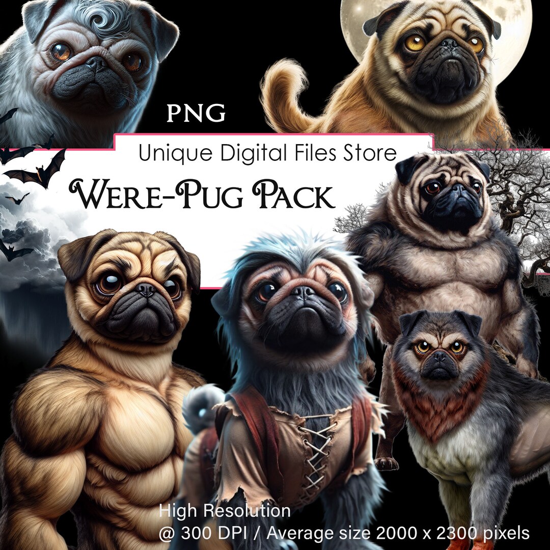 Halloween PNG, Funny, Were-pug Pack, Pug and a Werewolf Combo, Storm ...