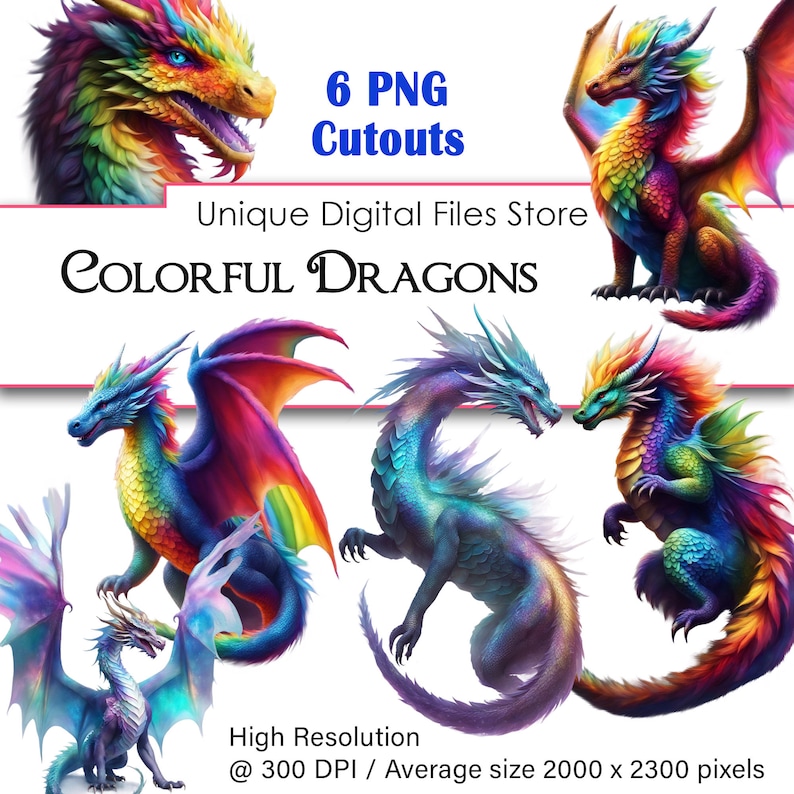 Dragons Colorful PNG, Digital Clipart, Images , 6 Images , Commercial ...
