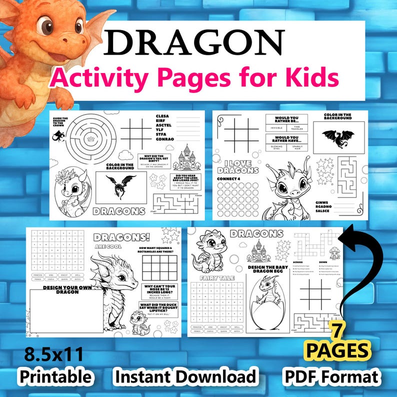 Activity Sheets, Placemats for Kids, Dragon, Printable Coloring Games ...