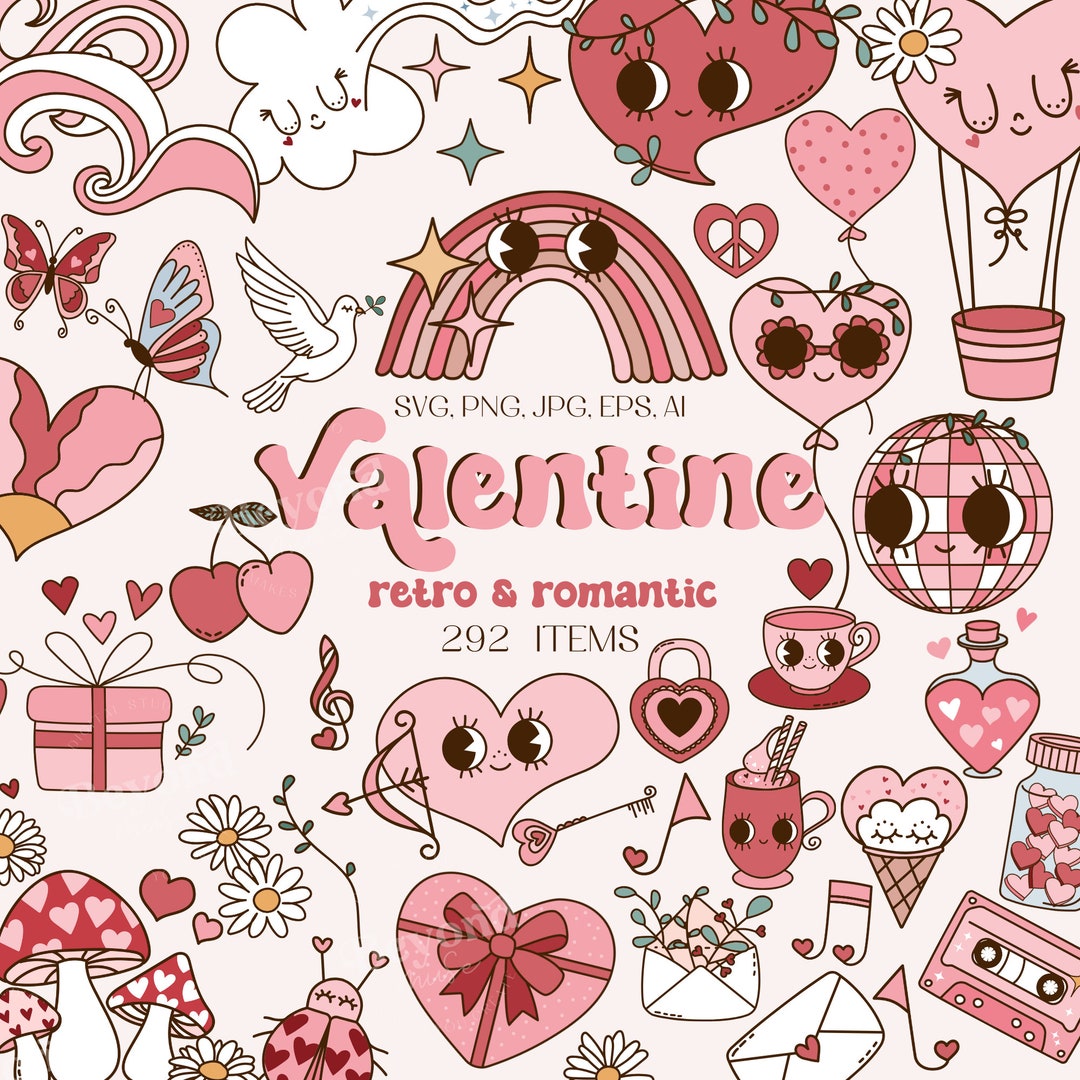 Retro Valentines Day Clipart Set Peace Heart Daisy Love Potion Disco ...