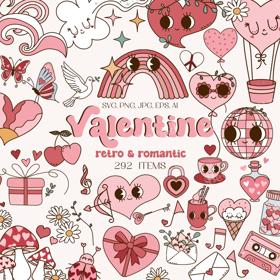 Retro Valentine’s Day Clipart Set - Peace Heart Daisy Love Potion Disco ...