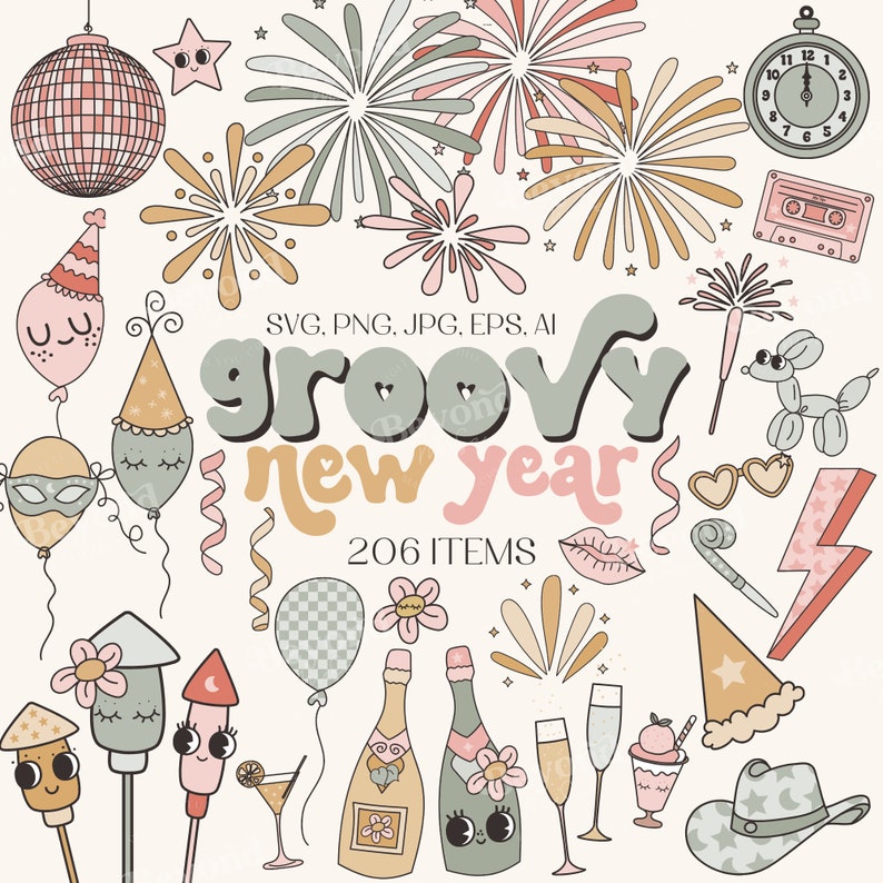 Retro Groovy New Year Clipart Set - New Years Eve - Hat - Serpentine ...