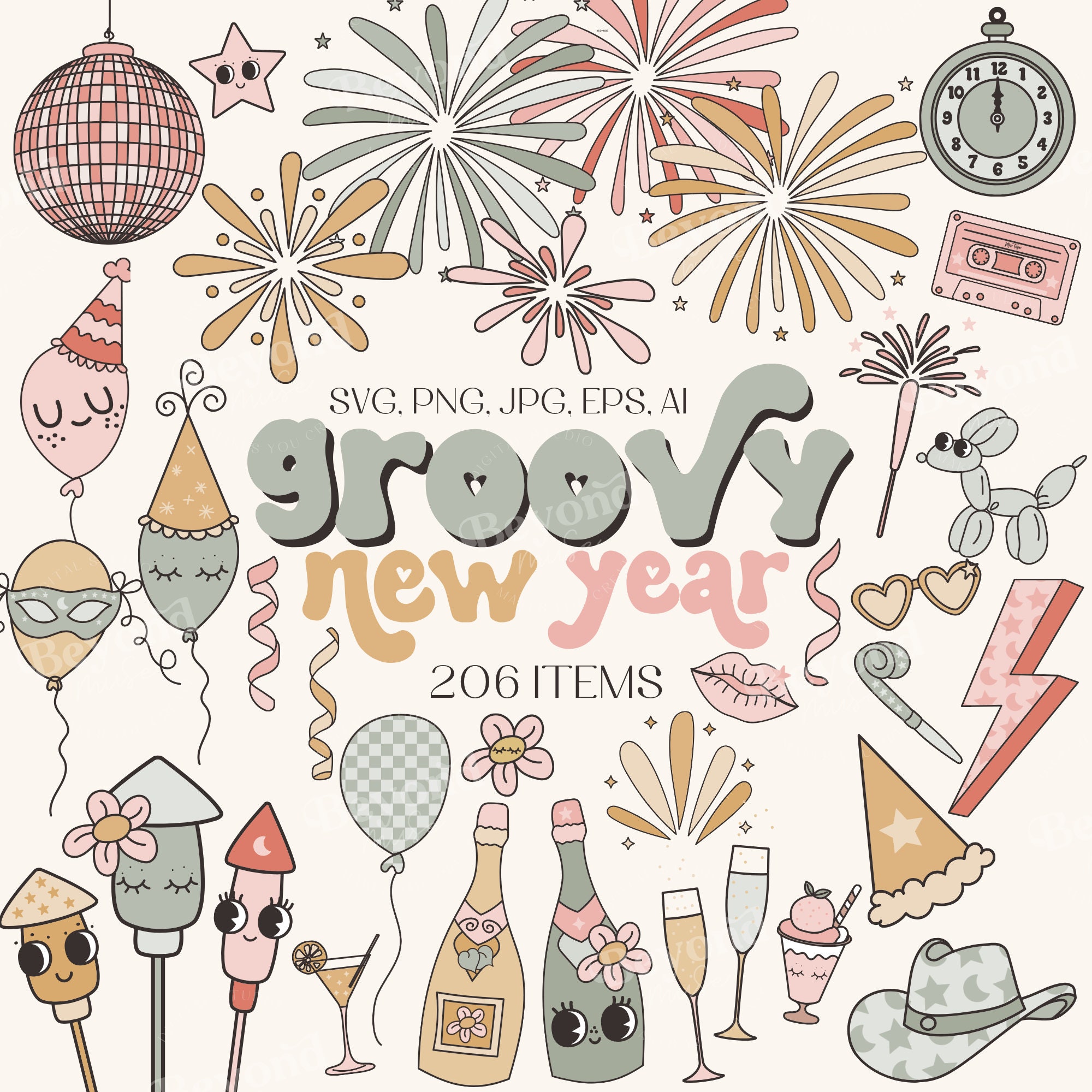 Retro Groovy New Year Clipart Set New Years Eve Hat Serpentine ...