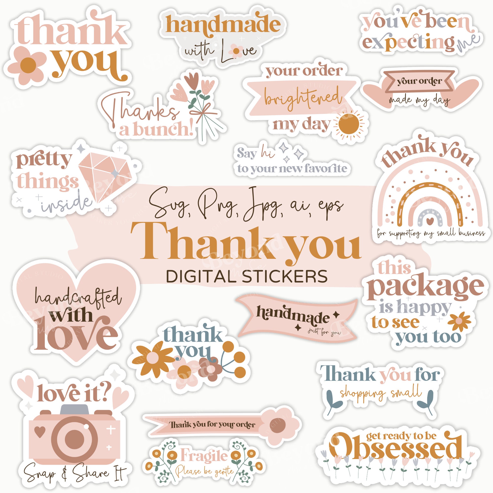 Boho Thank You Stickers SVG PNG Bundle | Printable Packaging Sticker ...