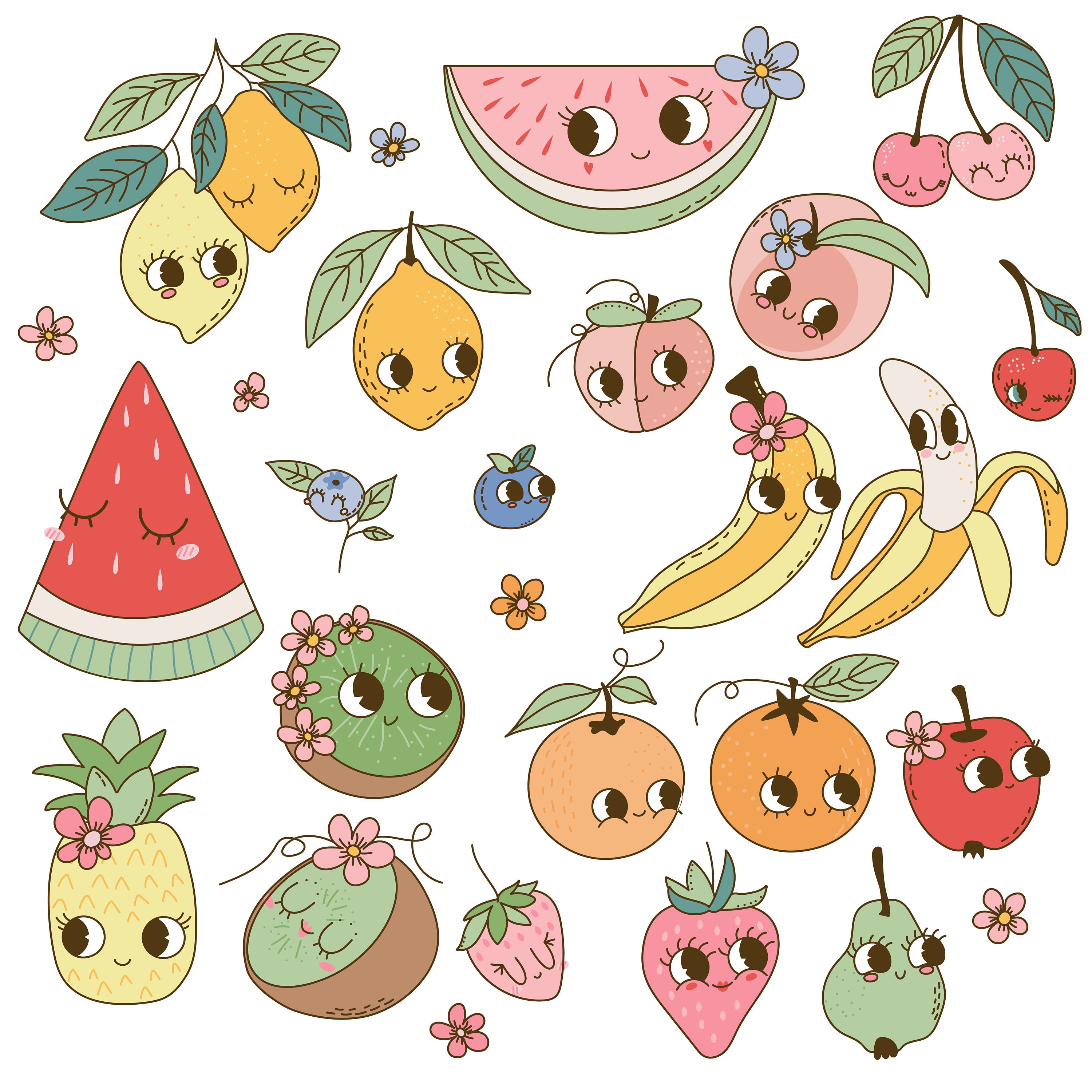 Retro Fruit Clipart Cute Fruits Illustration Groovy Fruit Designs ...