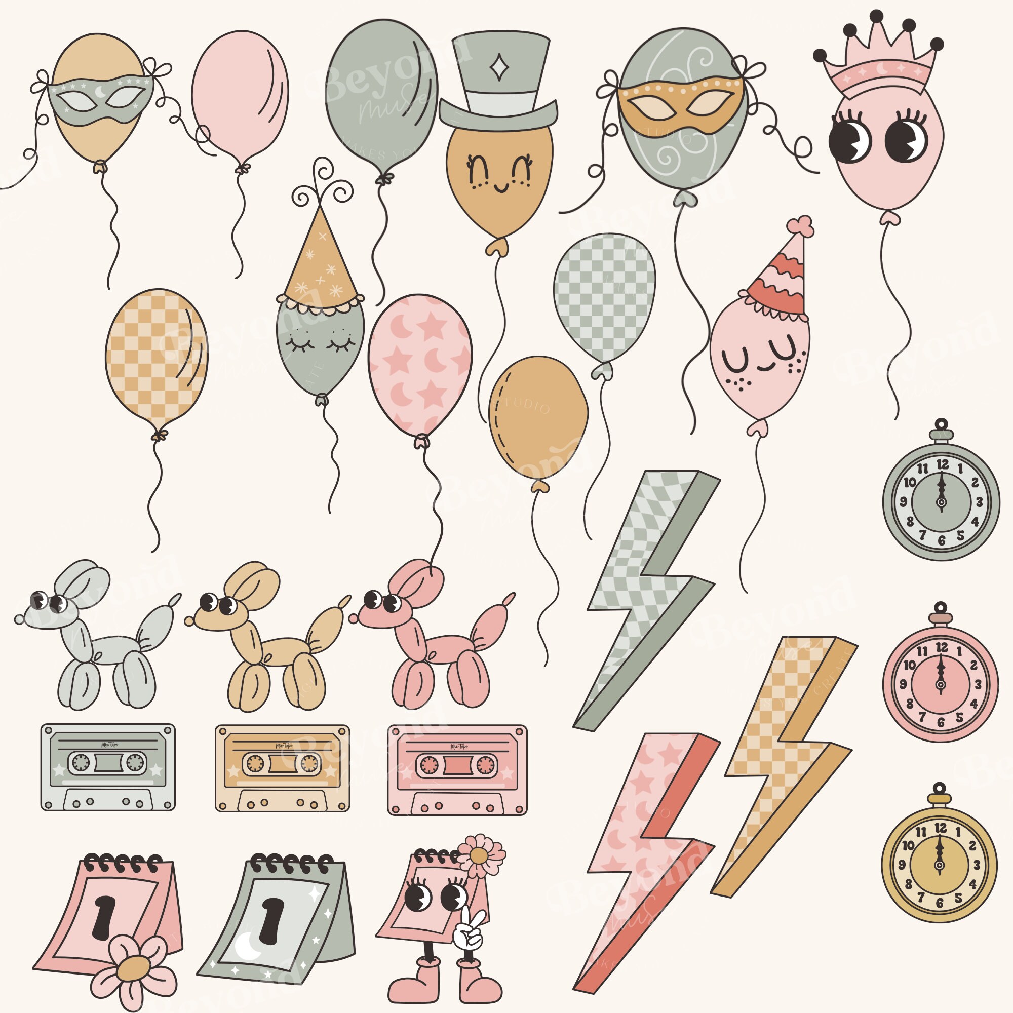 Retro Groovy New Year Clipart Set - New Years Eve - Hat - Serpentine ...