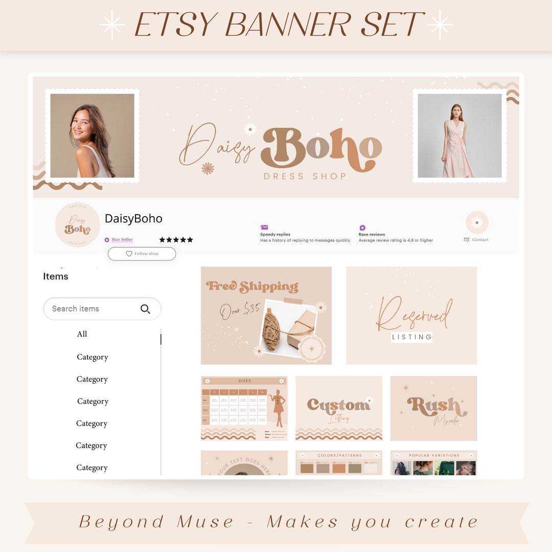 Boho Etsy Kit - Retro Etsy Shop Banner Bundle Templates With Listing ...