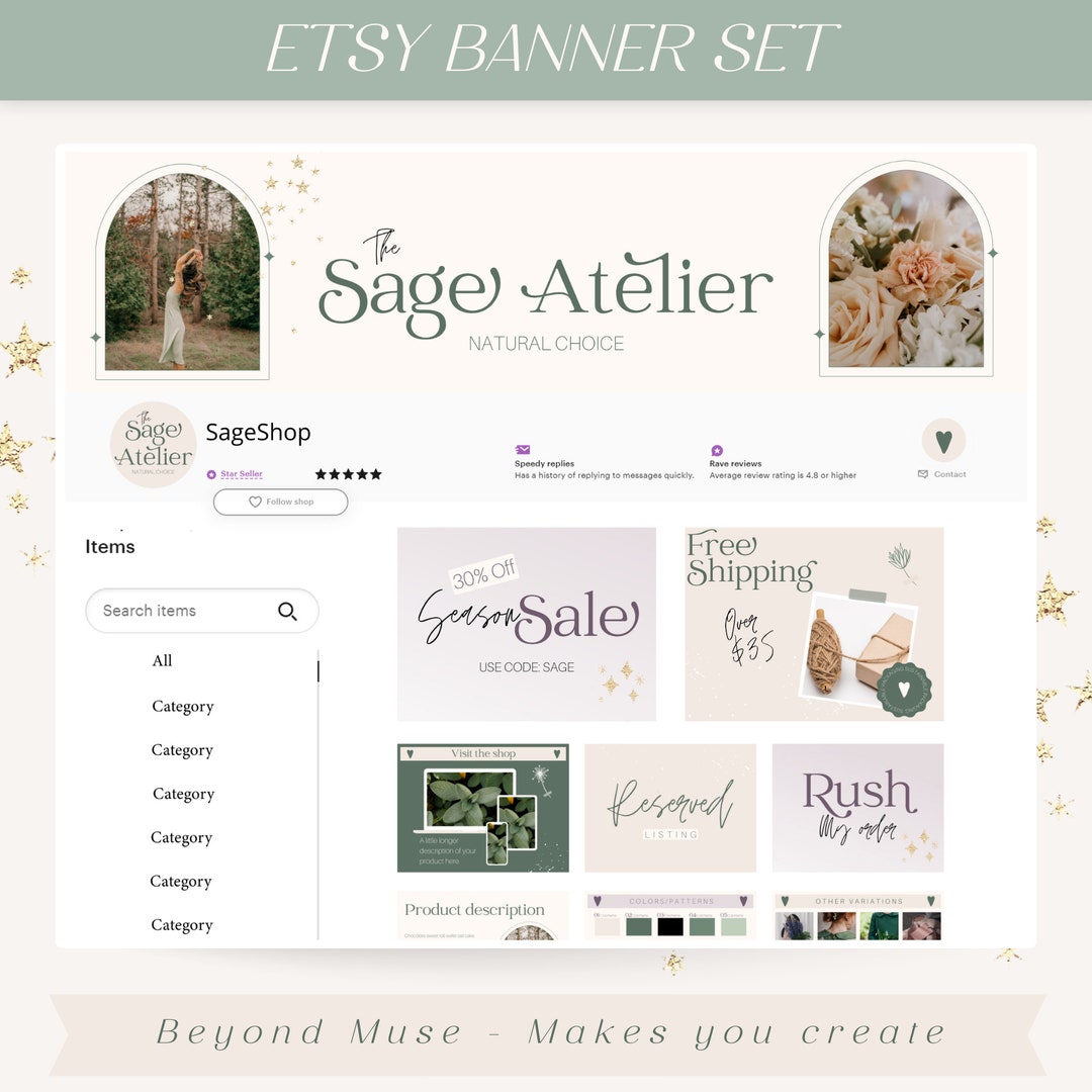 Etsy Banner Bundle- Green, Sage and Gold Etsy Shop Kit Template - Gardenetsy Seller Success ...