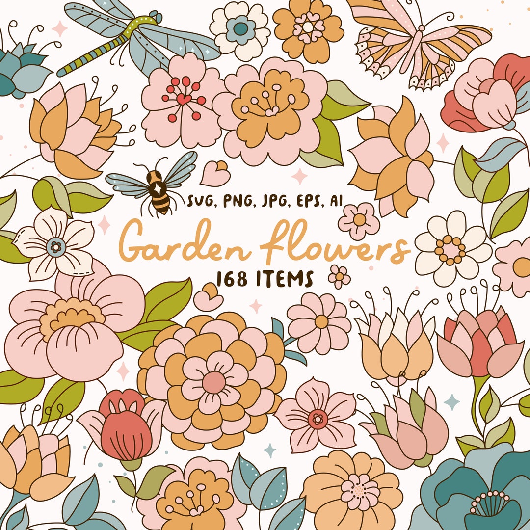 Retro Garden Flowers Flower Illustration Groovy Flower Boho Botanical ...
