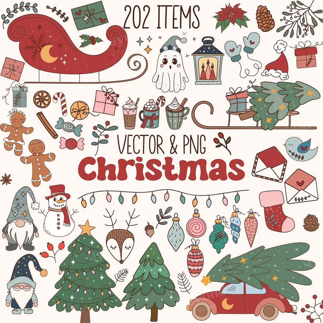 Retro Groovy Christmas Clipart - Retro Christmas - Clipart Bundle ...