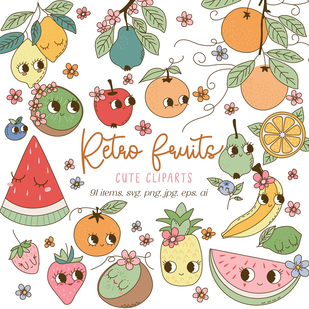 Retro Fruit Clipart - Cute Fruits Illustration - Groovy Fruit Designs ...