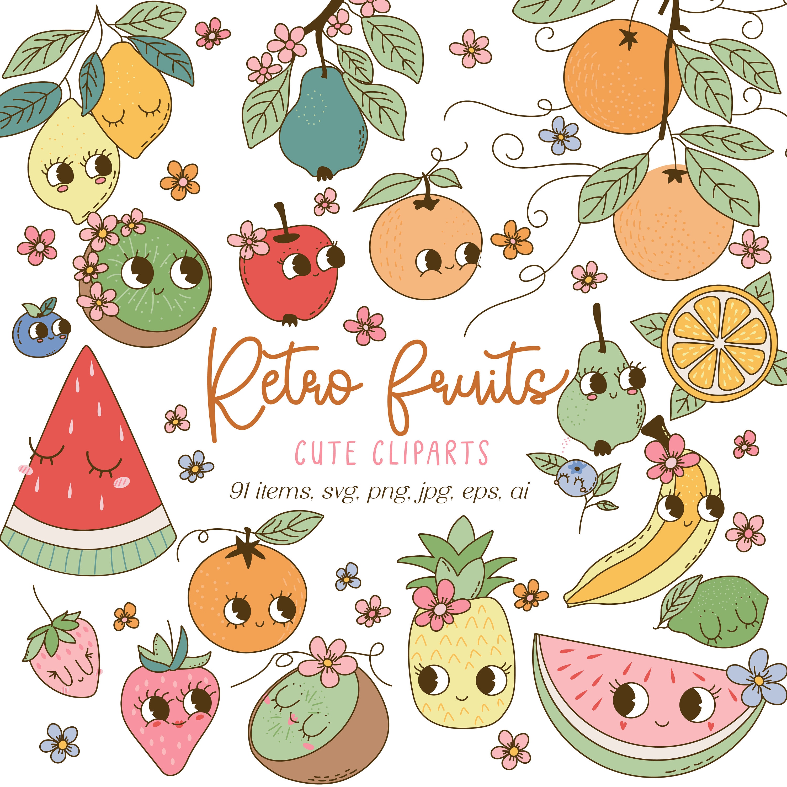 Retro Fruit Clipart Cute Fruits Illustration Groovy Fruit Designs ...