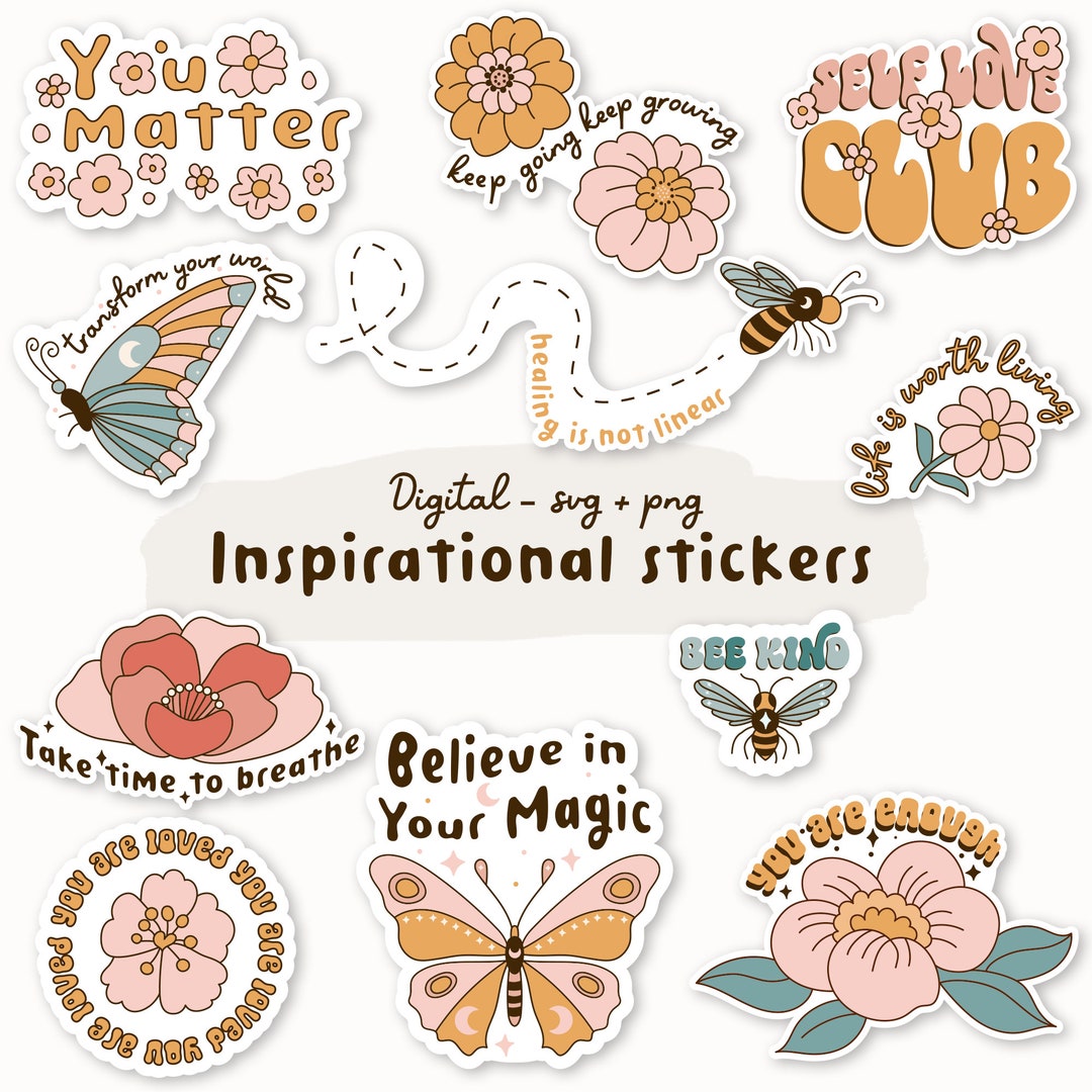 Digital Sticker Inspirational Bundle PNG SVG - Retro Flower - Cute ...